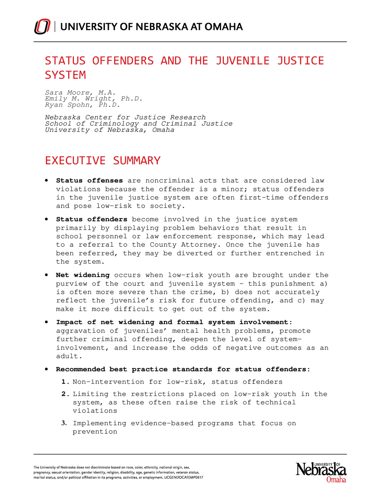 STATUS OFFENDERS AND THE JUVENILE JUSTICE SYSTEM | Slides Law | Docsity