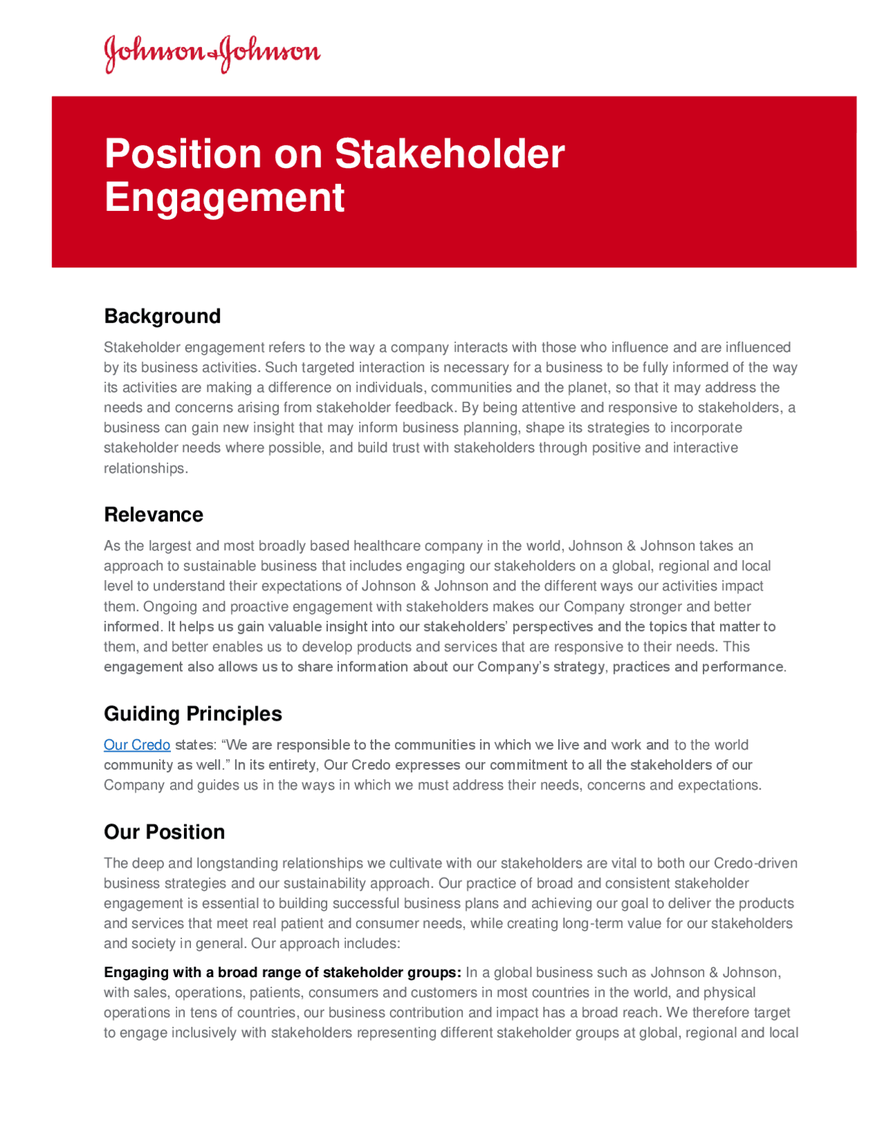 Position on Stakeholder Engagement | Study notes Business | Docsity