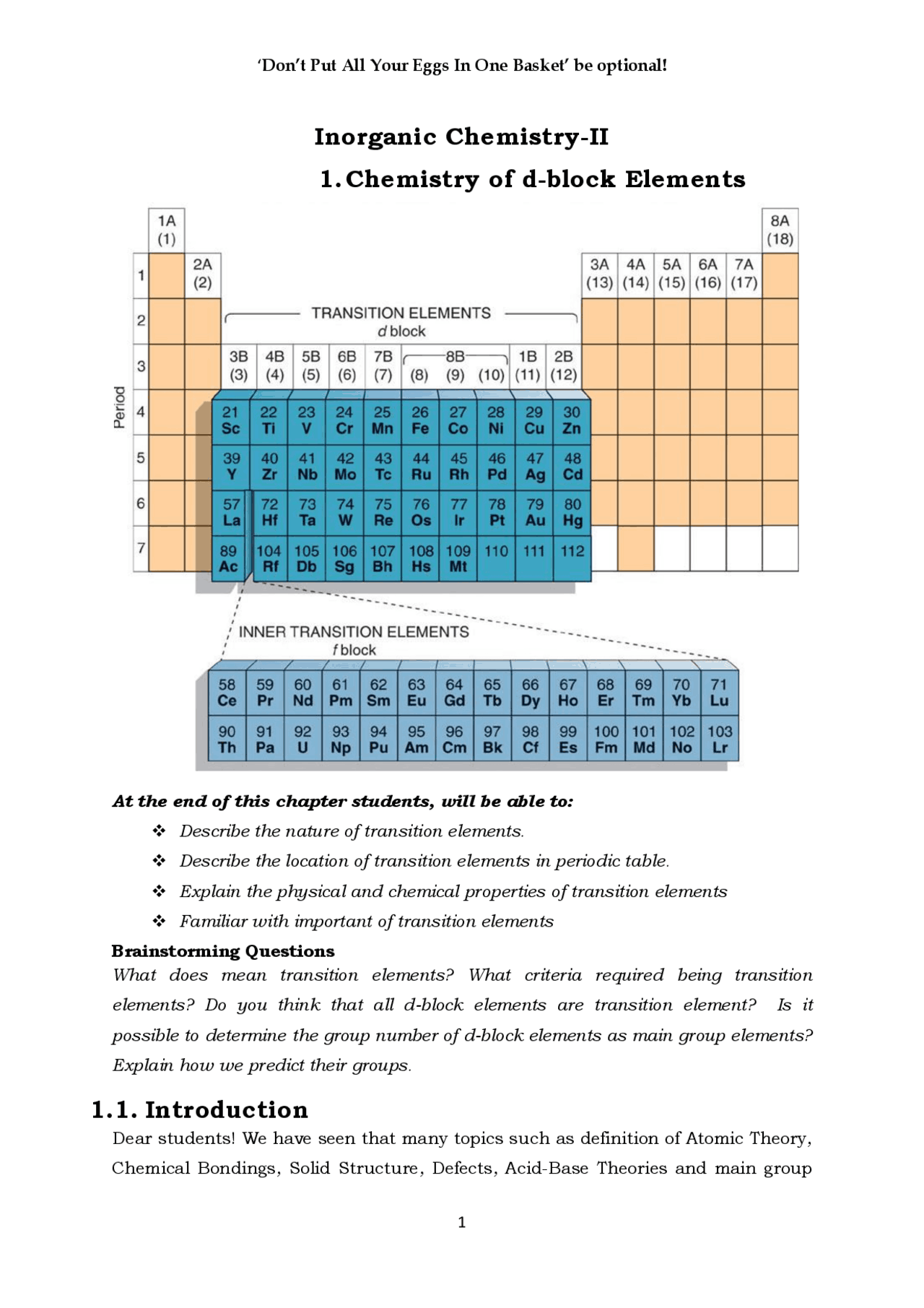 Inorganic Chemistry-II 1. Chemistry of d-block Elements | Lecture notes ...