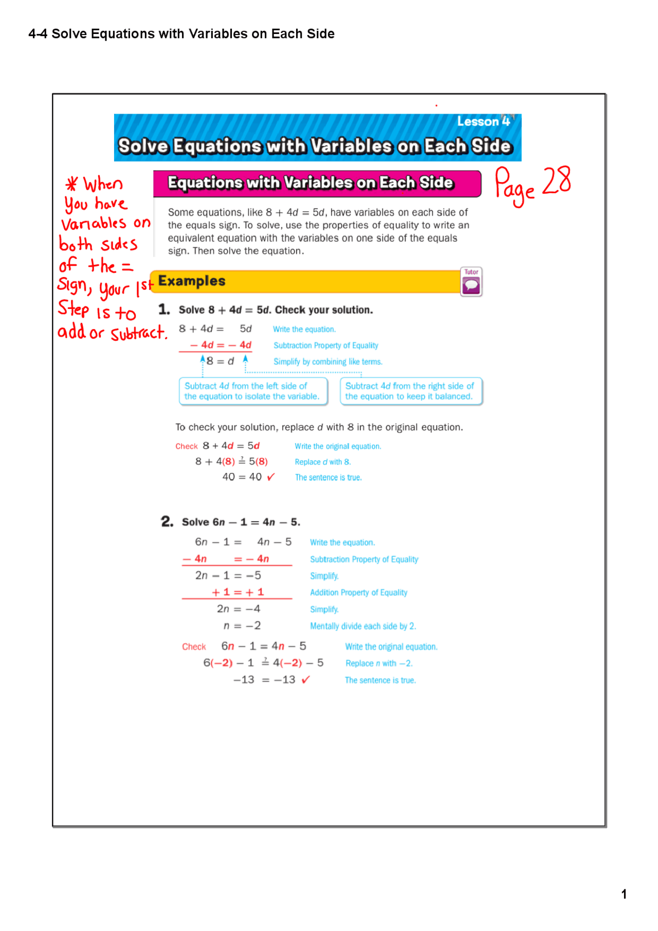 4-4 Solve Equations with Variables on Each Side | Study notes Algebra ...