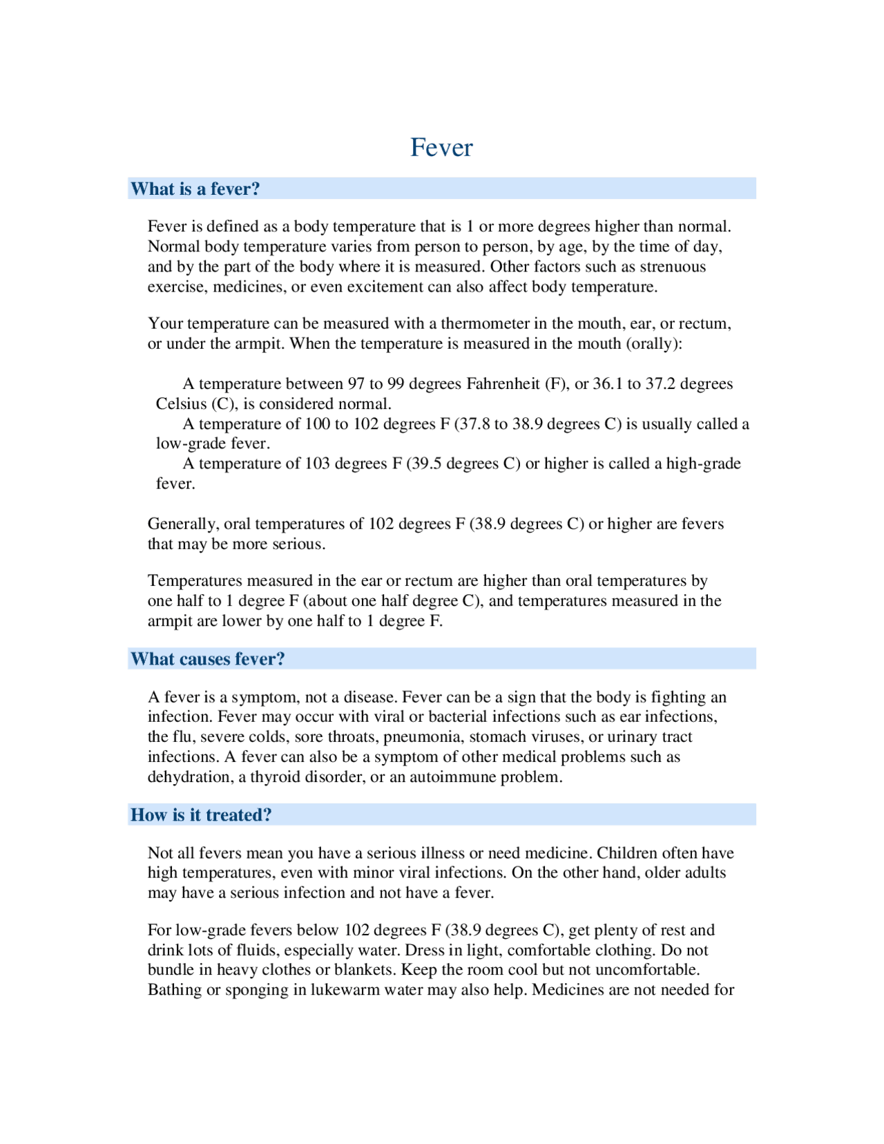 Fever Measures | Exercises Medicine | Docsity