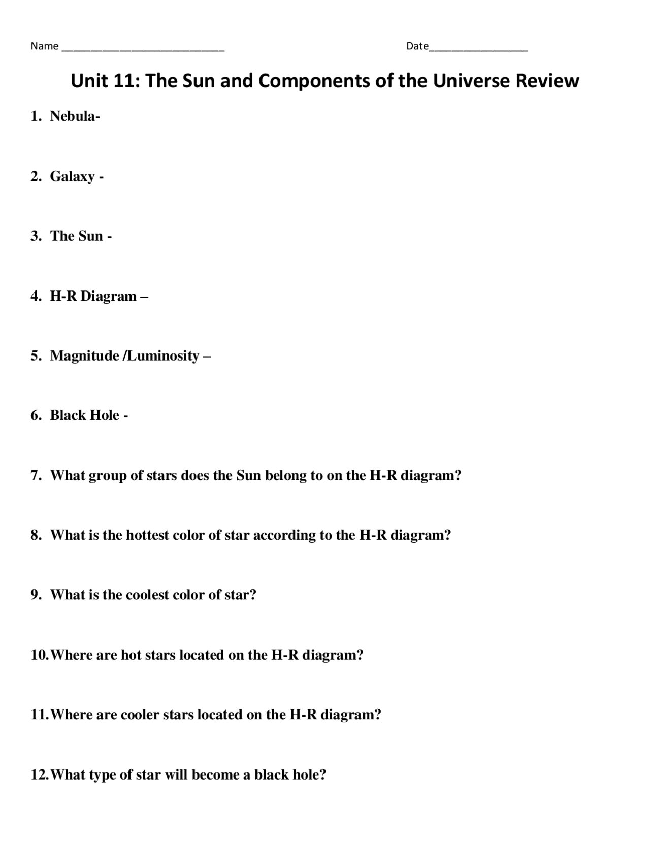 Unit 11: The Sun and Components of the Universe Review | Schemes and ...