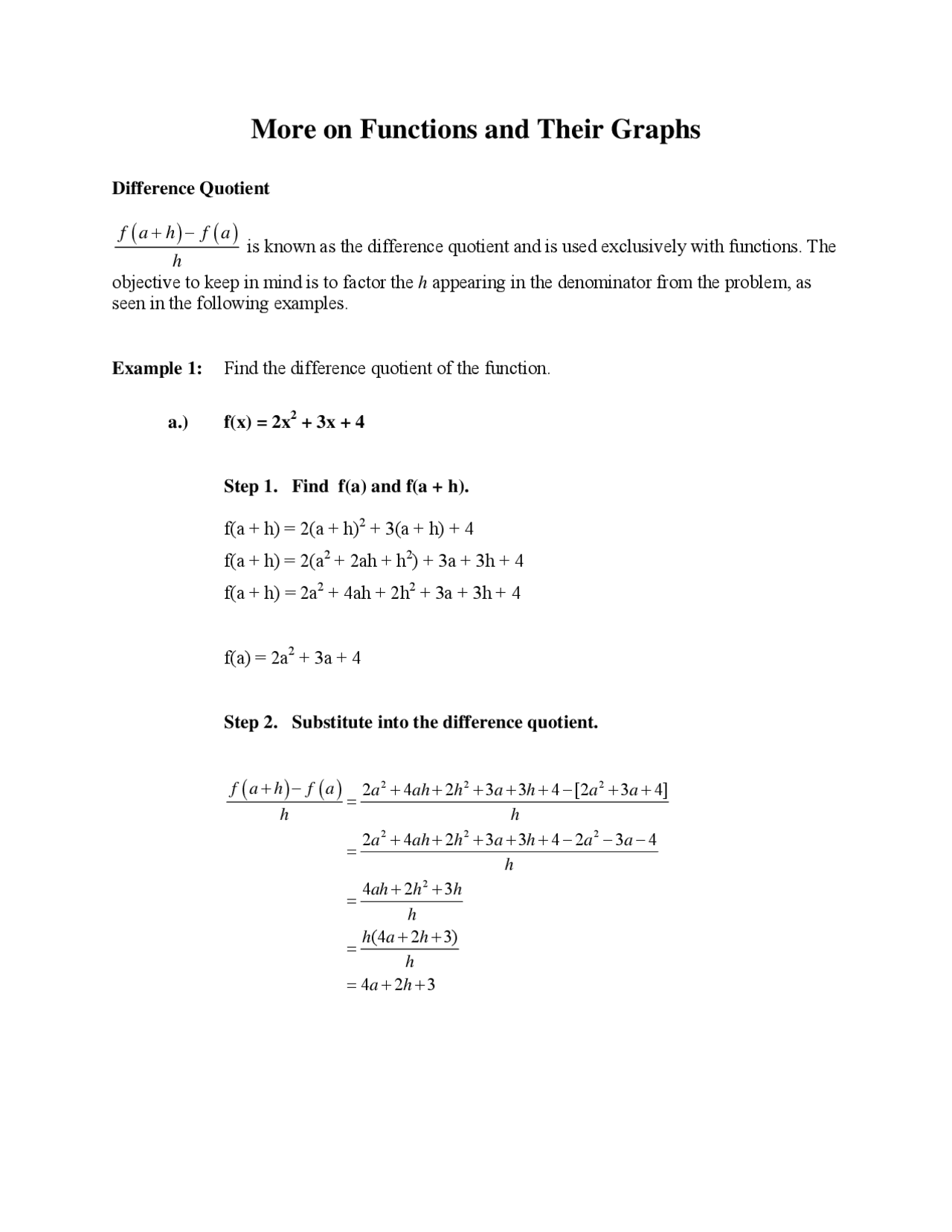 More on Functions and Their Graphs | Study notes Algebra | Docsity