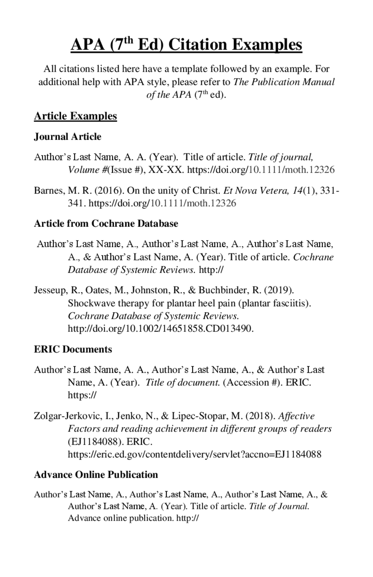 APA (7th Ed) Citation Examples | Exams Acting | Docsity