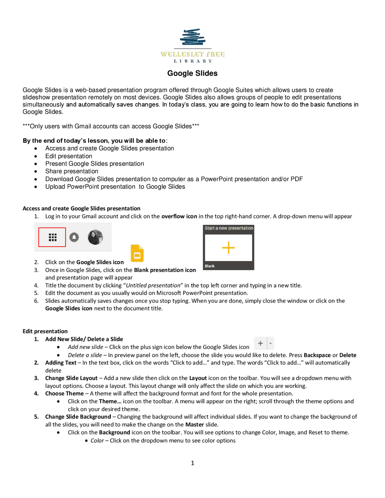 Google Slides | Wellesley Free Library | Slides MS Microsoft PowerPoint skills | Docsity