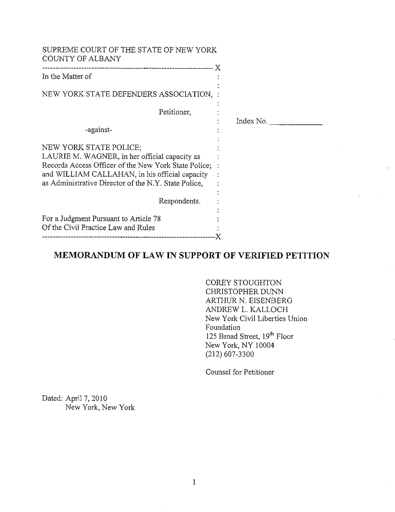 MEMORANDUM OF LAW IN SUPPORT OF VERIFIED PETITION | Lecture notes Law ...
