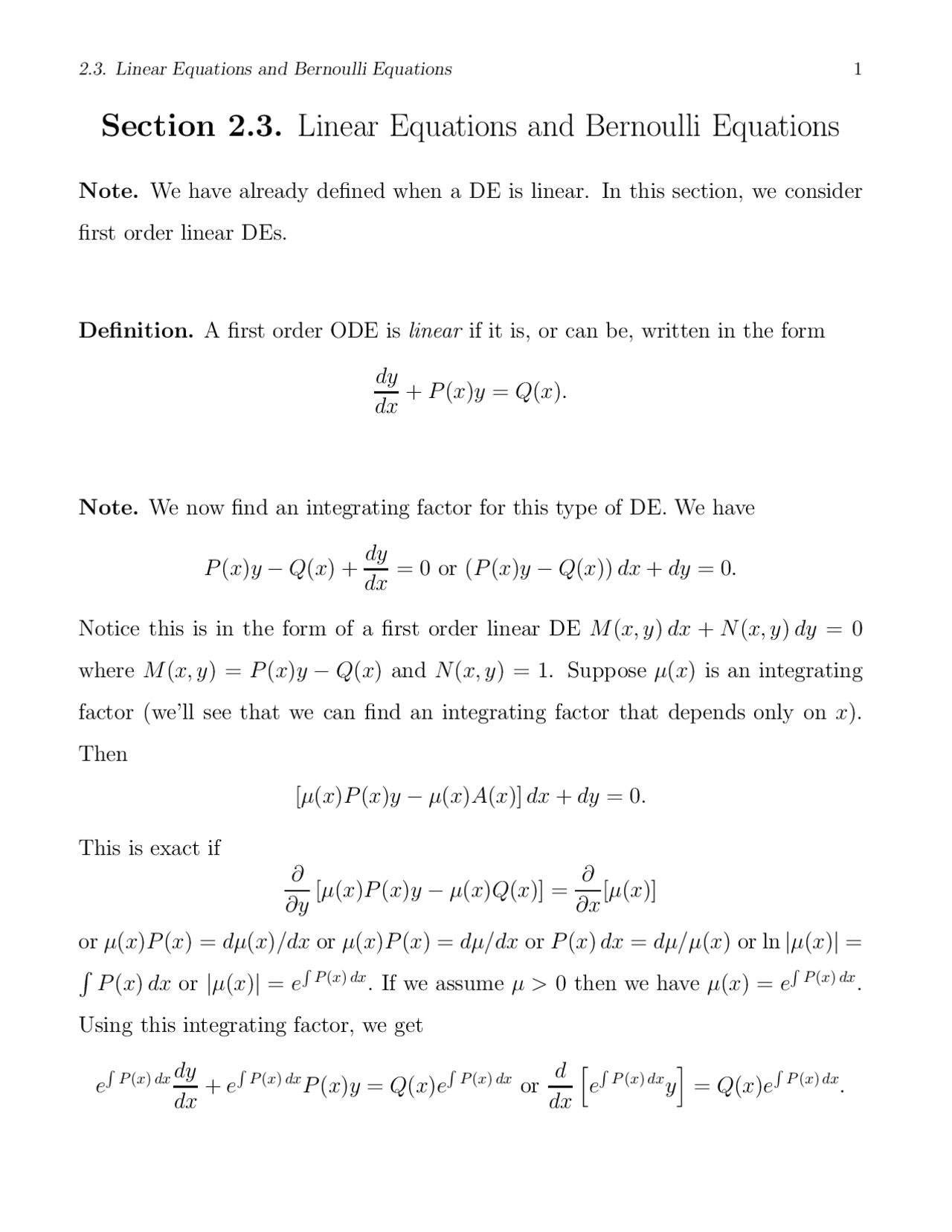 Section 2.3. Linear Equations and Bernoulli Equations | Slides Pre-Calculus | Docsity