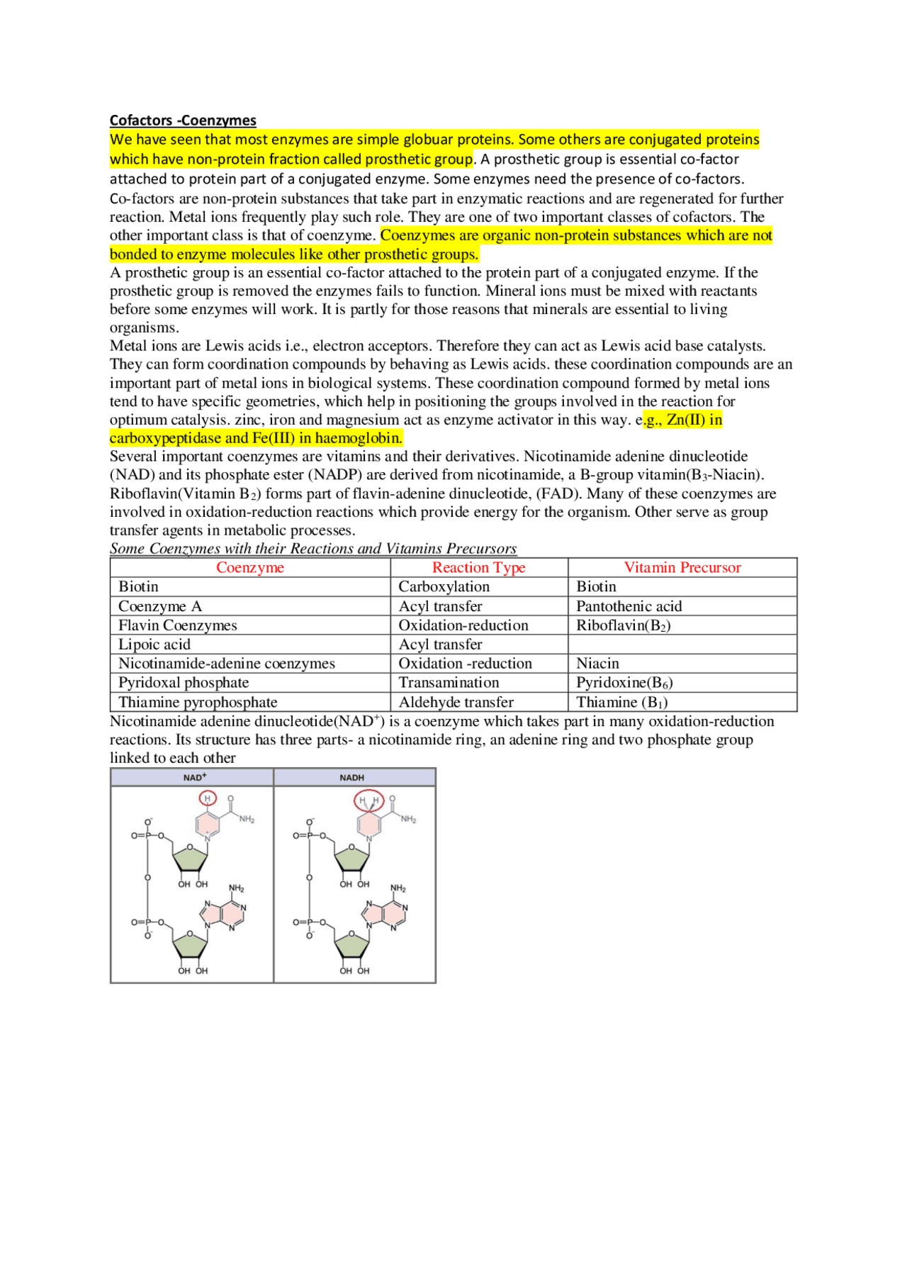 Cofactors Coenzymes Lecture Notes Biological Systems Docsity