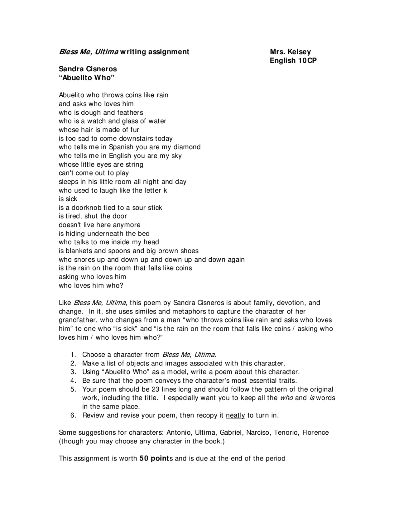 Bless Me, Ultima writing assignment | Summaries English | Docsity