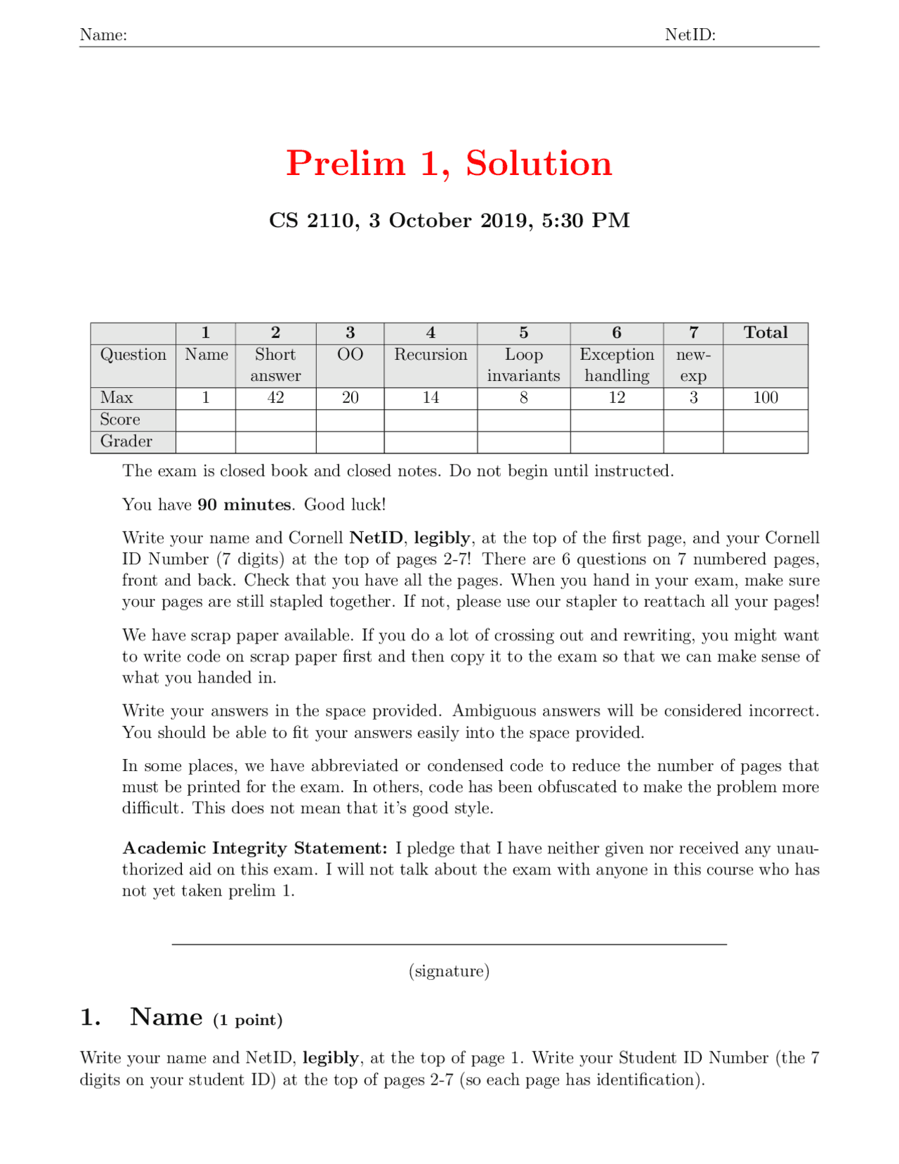 Prelim 1, Solution | Exercises Object Oriented Programming | Docsity