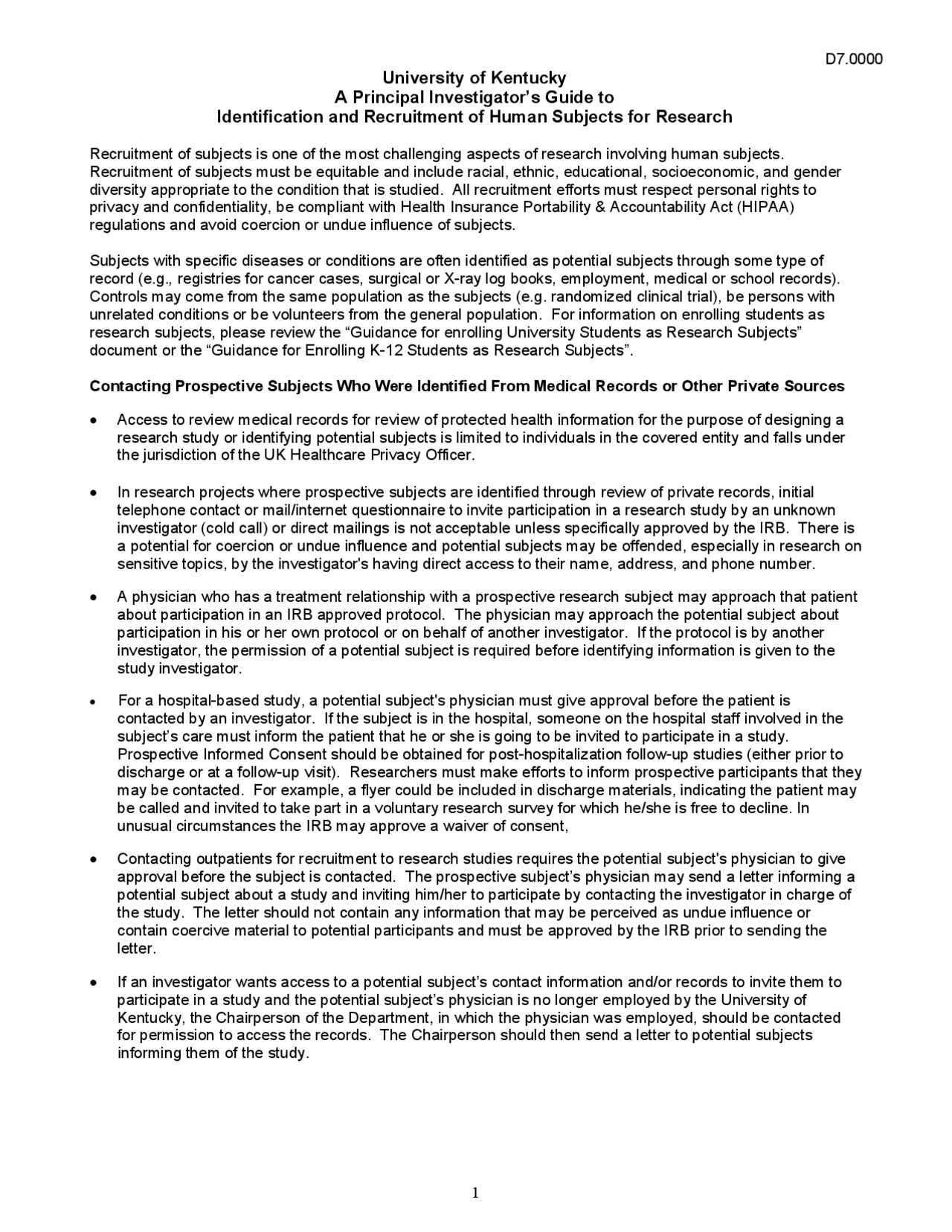 Guidance for Recruitment of Human Subjects for Research | Summaries ...