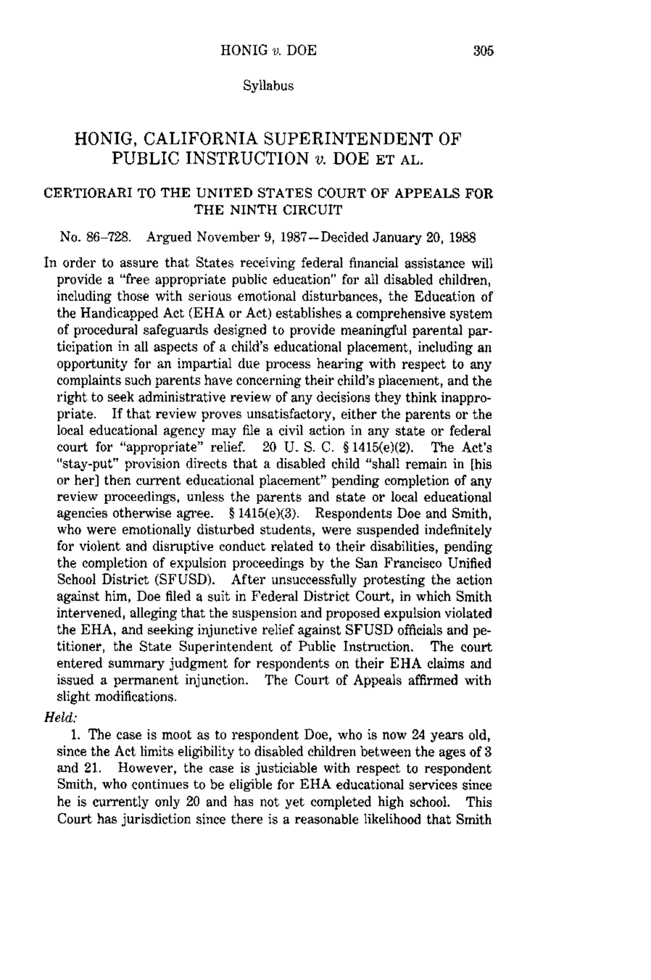 U.S. Reports: Honig v. Doe, 484 U.S. 305 (1988). | Exercises Art | Docsity