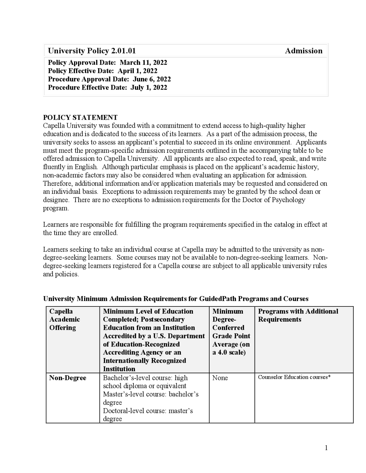 University Policy 2.01.01 Admission | Exams Psychology | Docsity