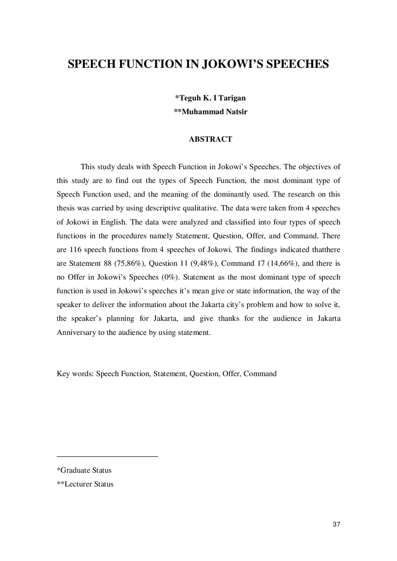 Speech Function In Jokowis Speeches Slides English Docsity