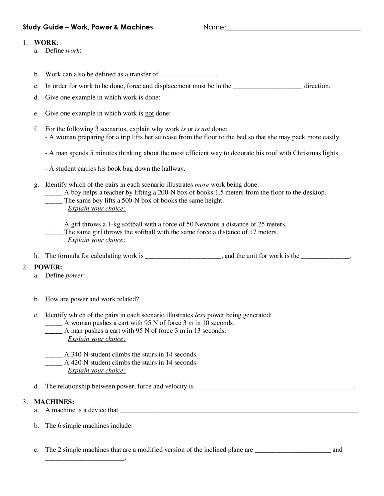 Study Guide – Work, Power & Machines Name | Study notes Law | Docsity