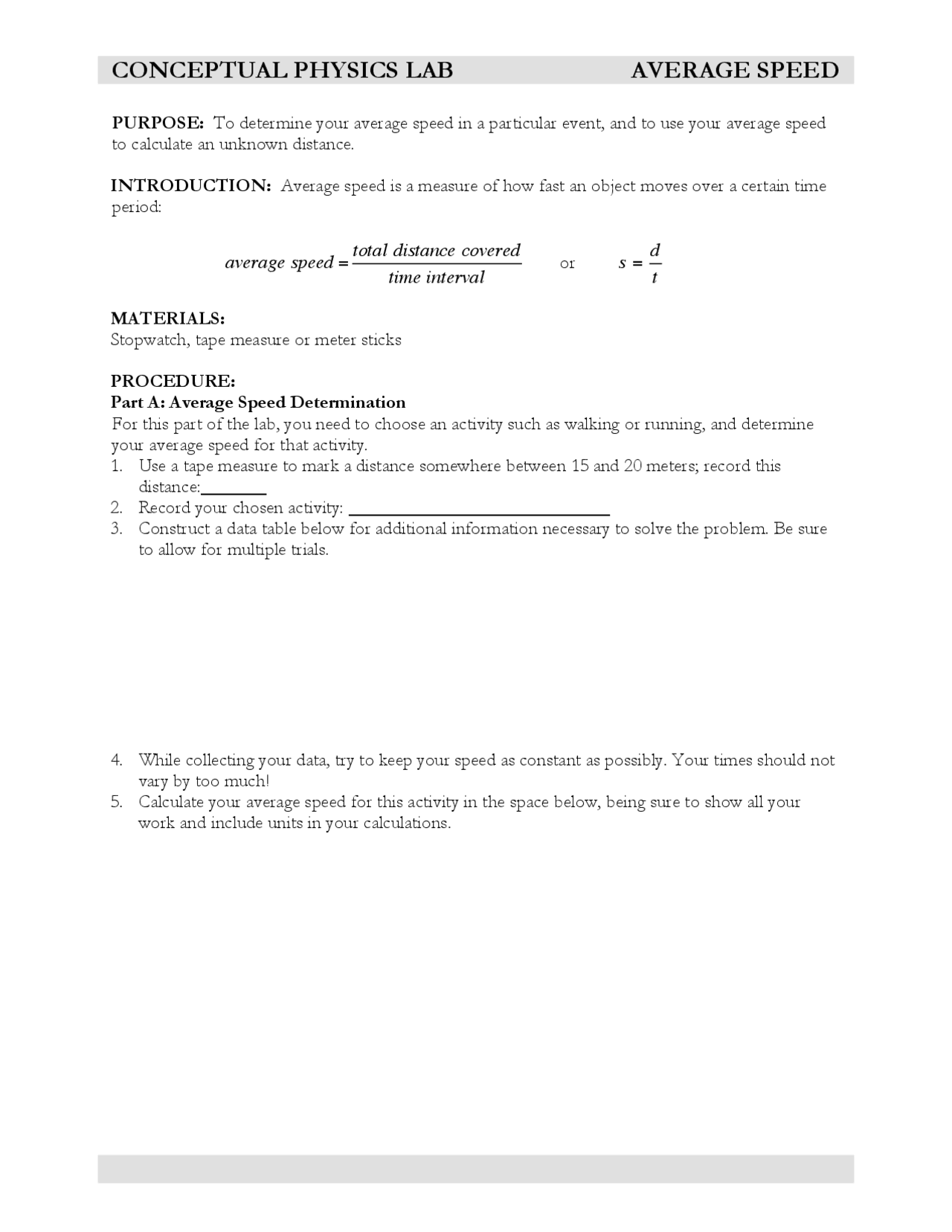 Conceptual Physics Lab Average Speed Summaries Physics Docsity