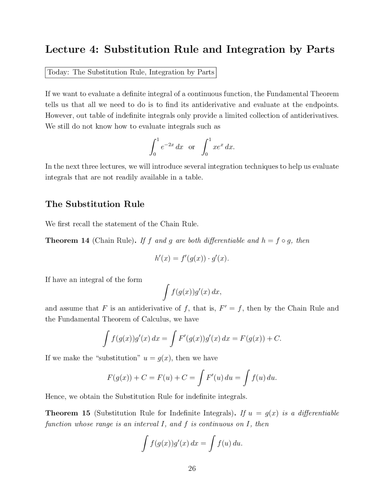 Lecture 4 Substitution Rule And Integration By Parts Lecture Notes