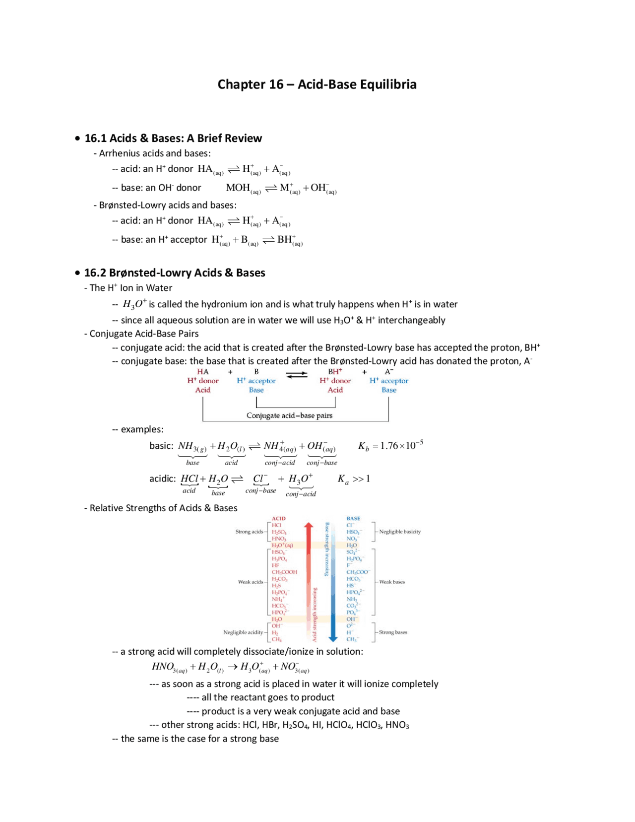 Chapter 16 Acid Base Equilibria Summaries Chemistry Docsity
