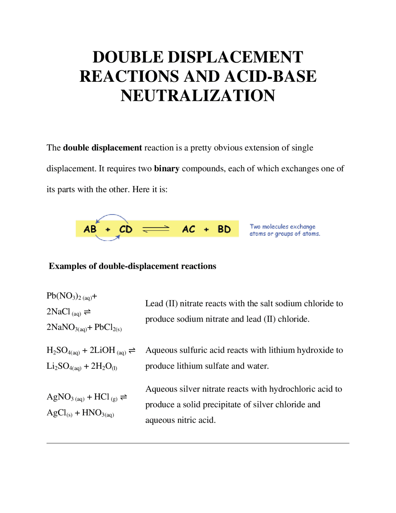 DOUBLE DISPLACEMENT REACTIONS AND ACID-BASE ... | Exams Chemistry | Docsity