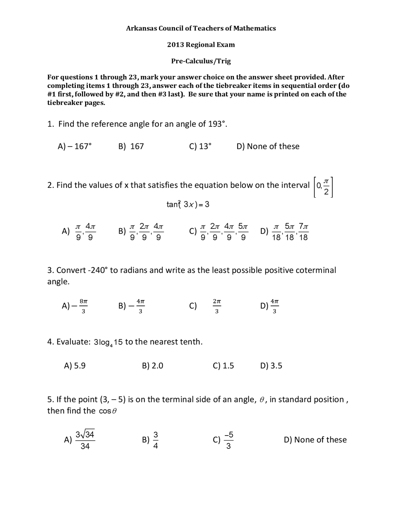 1. Find the reference angle for an angle of 193°. A) – 167° | Schemes ...