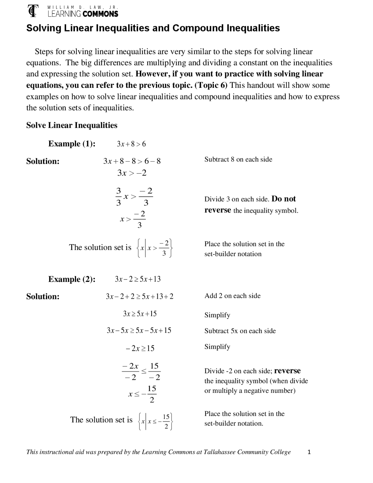 Solving Linear Inequalities and Compound Inequalities | Exams Linear Algebra | Docsity