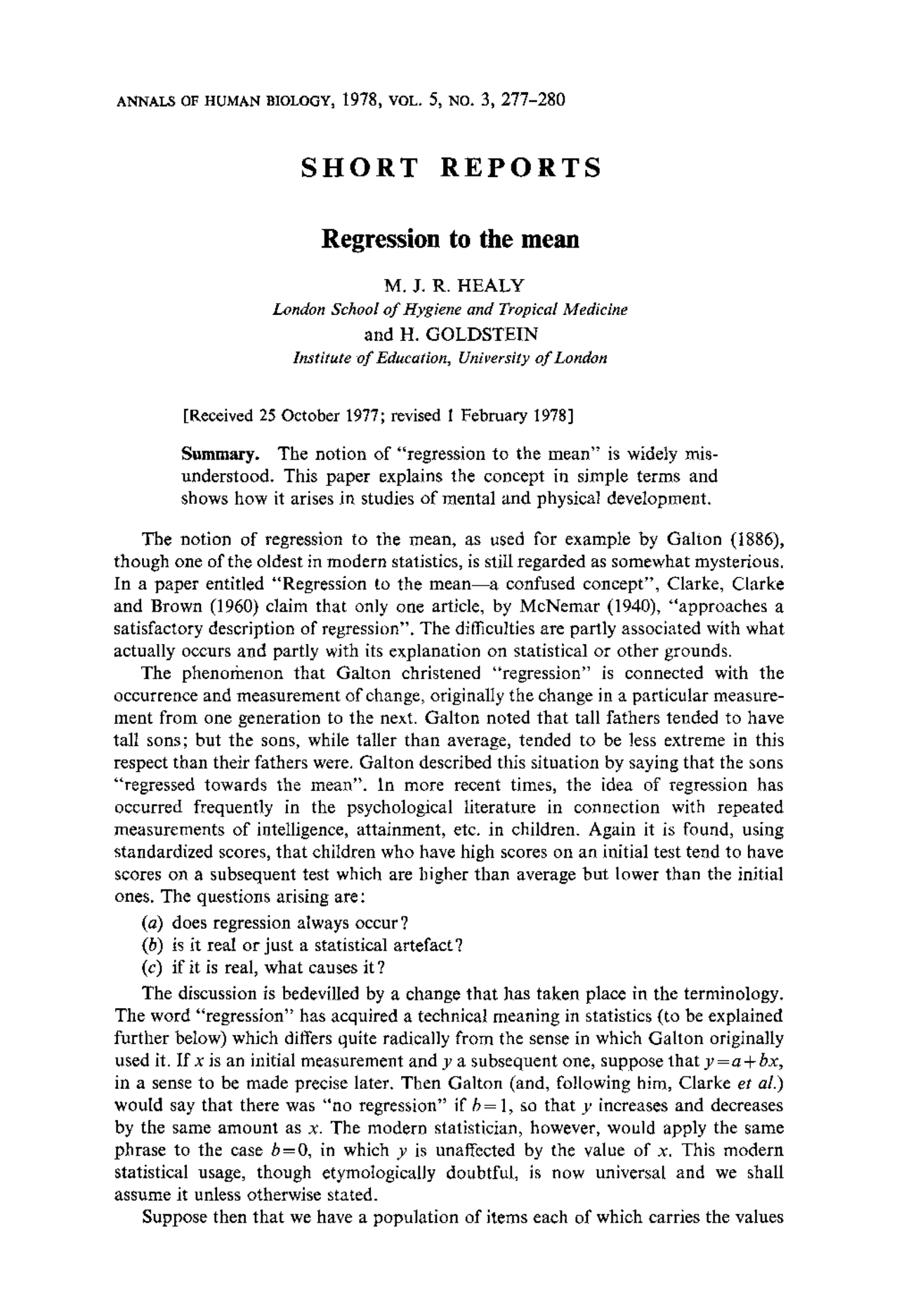 SHORT REPORTS Regression to the mean | Study notes Psychology | Docsity
