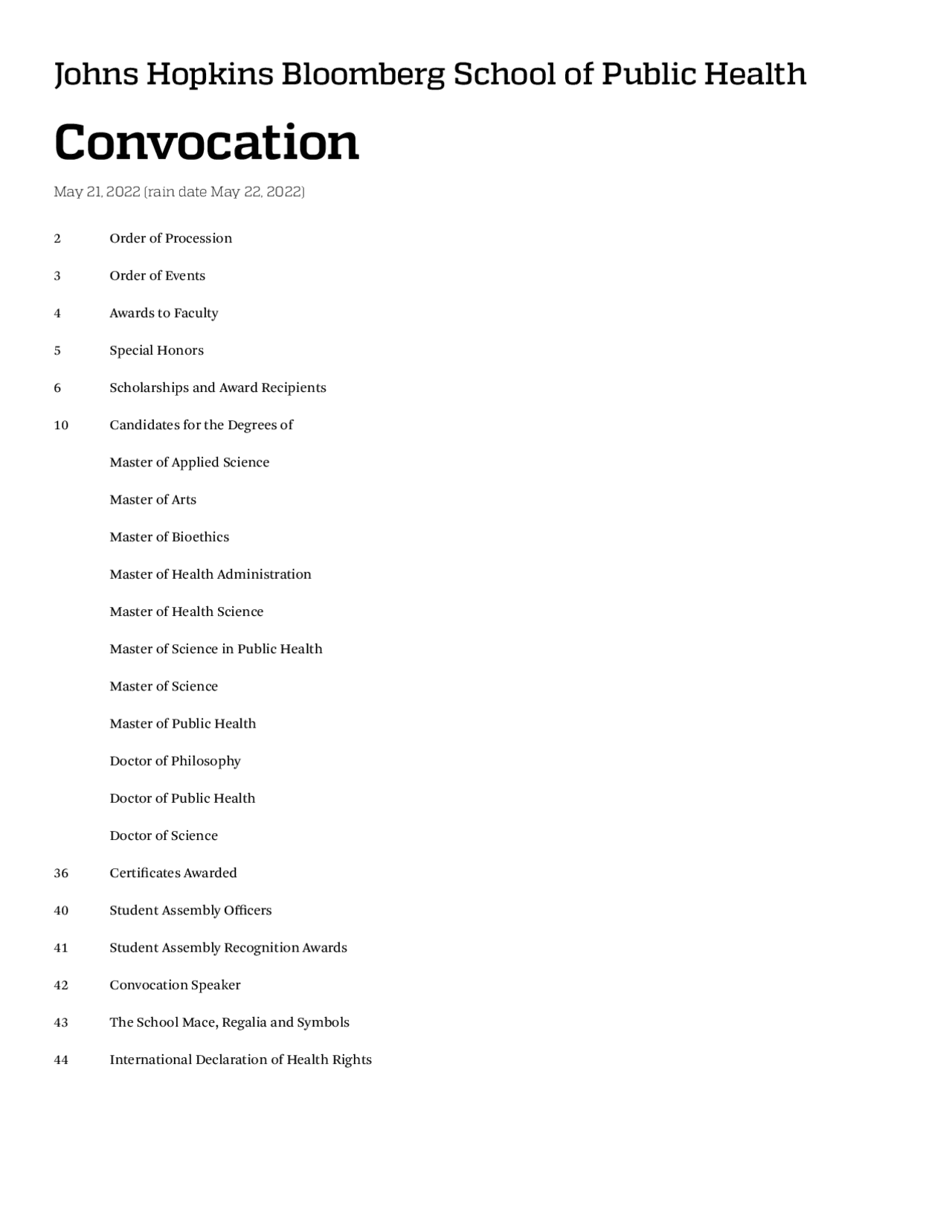 2022 Bloomberg School of Public Health Convocation Brochure | Study ...