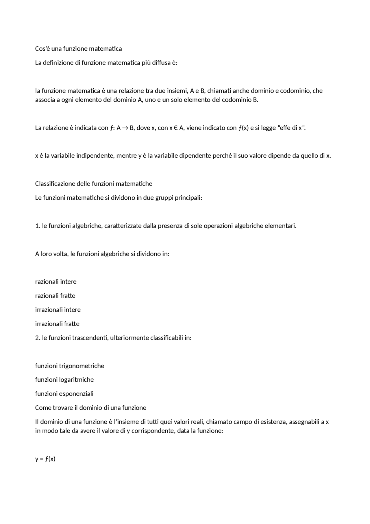 Funzioni matematiche | Appunti di Matematica | Docsity