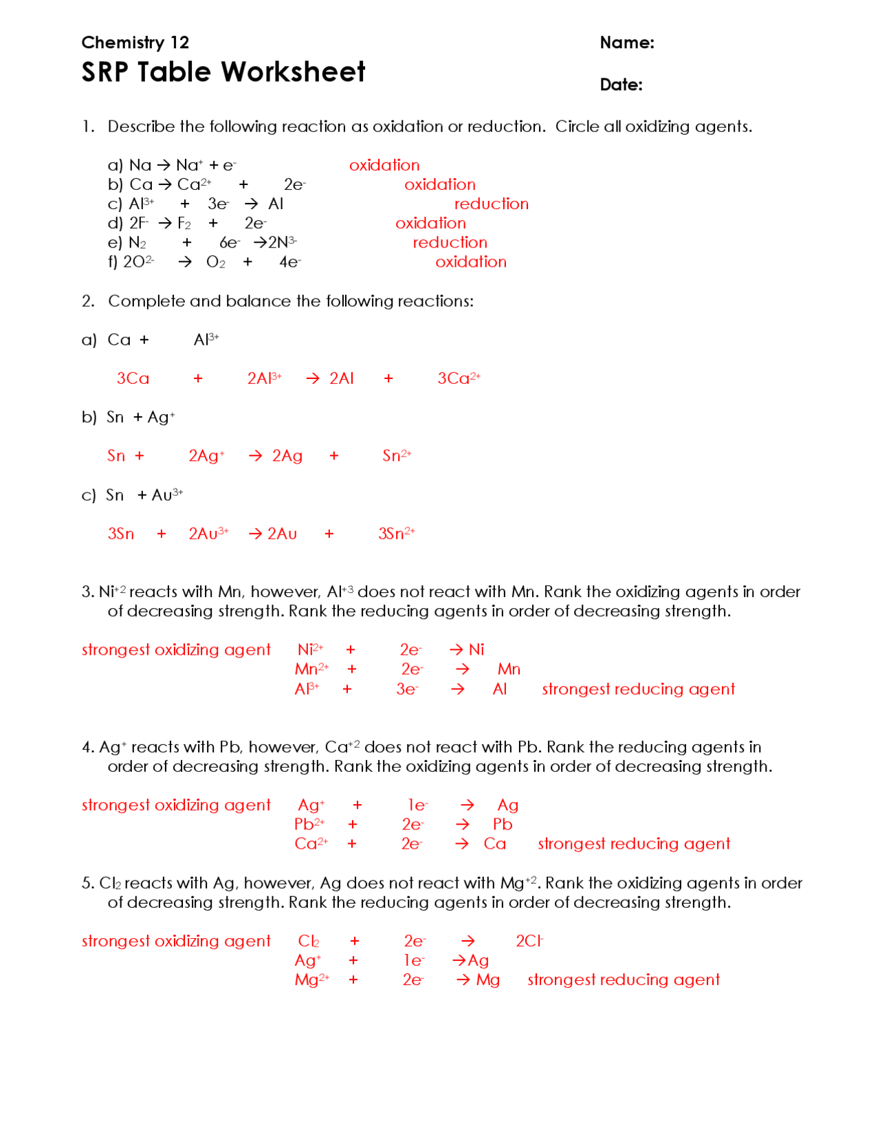 SRP Table Worksheet | Exercises Chemistry | Docsity