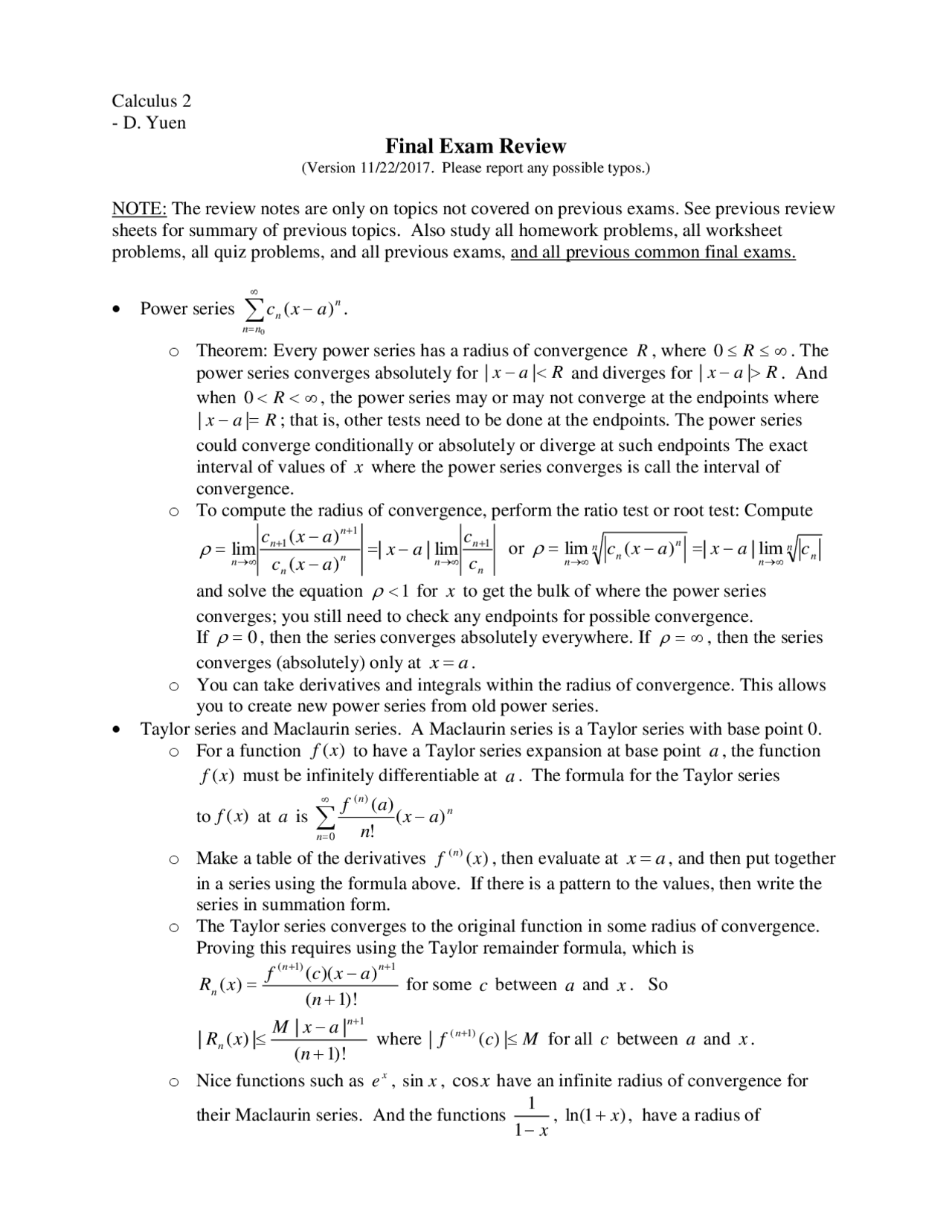 Math242-final-exam-review.pdf | Summaries Calculus | Docsity