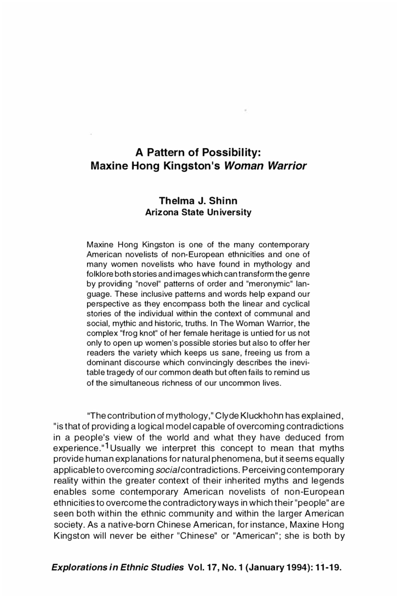 A Pattern of Possibility: Maxine Hong Kingston's Woman Warrior ...