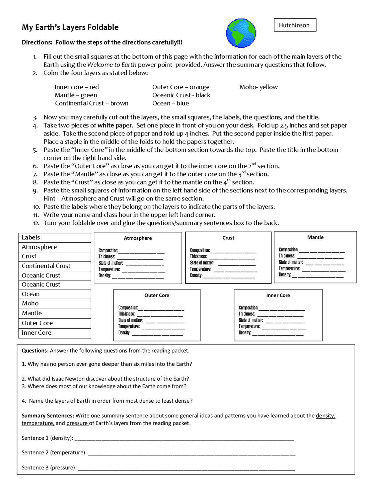 My Earths Layers Foldable Slides Earth Science Docsity