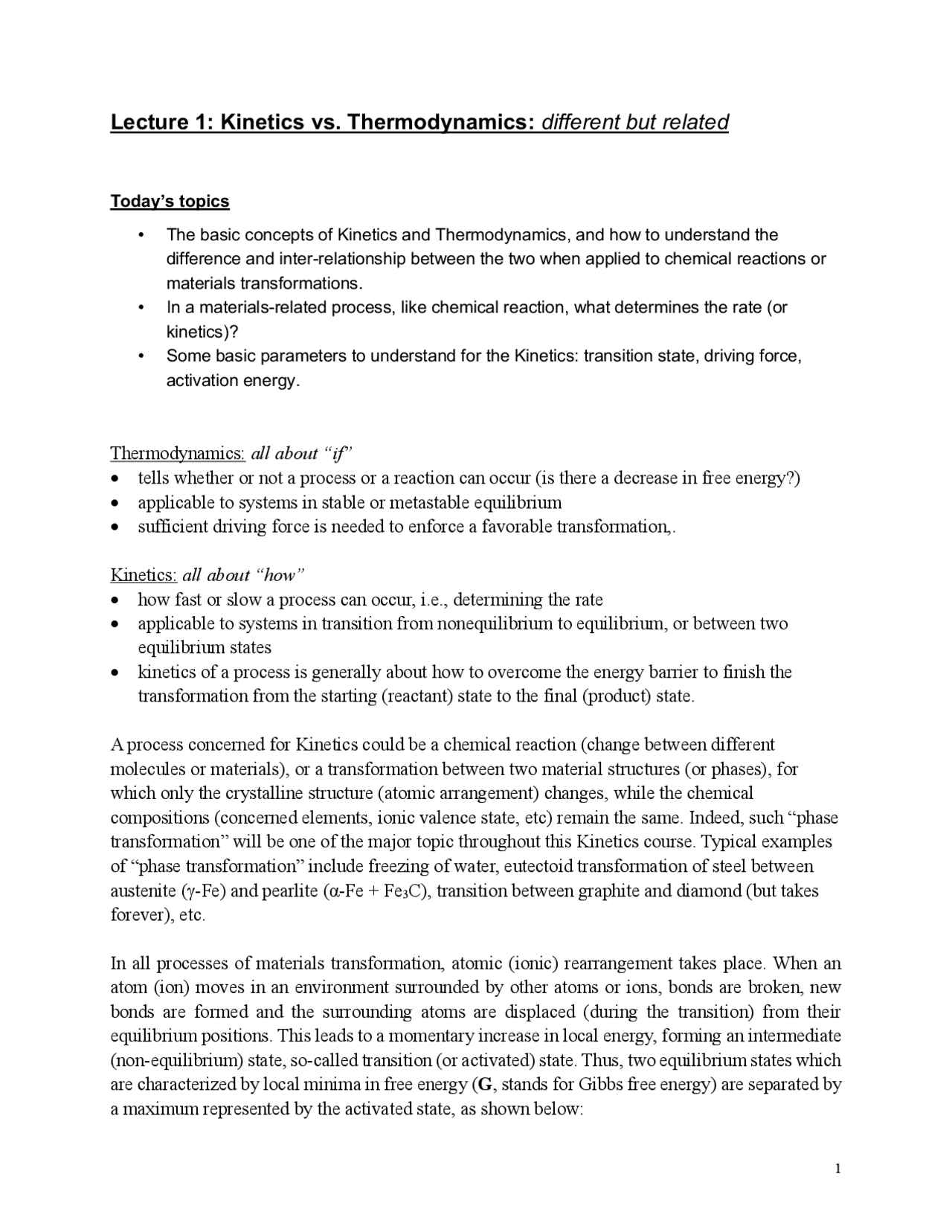 Lecture 1 Kinetics Vs Thermodynamics Different But Related Schemes