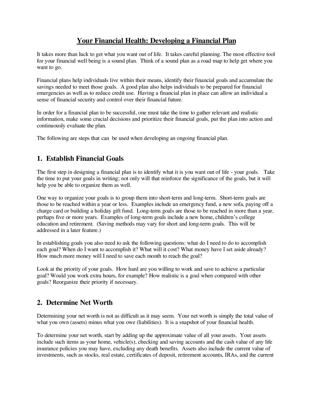 Your Financial Health: Developing a Financial Plan | Exercises Finance ...