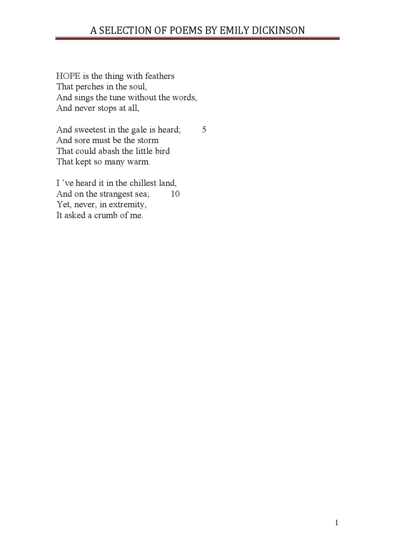 A SELECTION OF POEMS BY EMILY DICKINSON | Study notes Poetry | Docsity