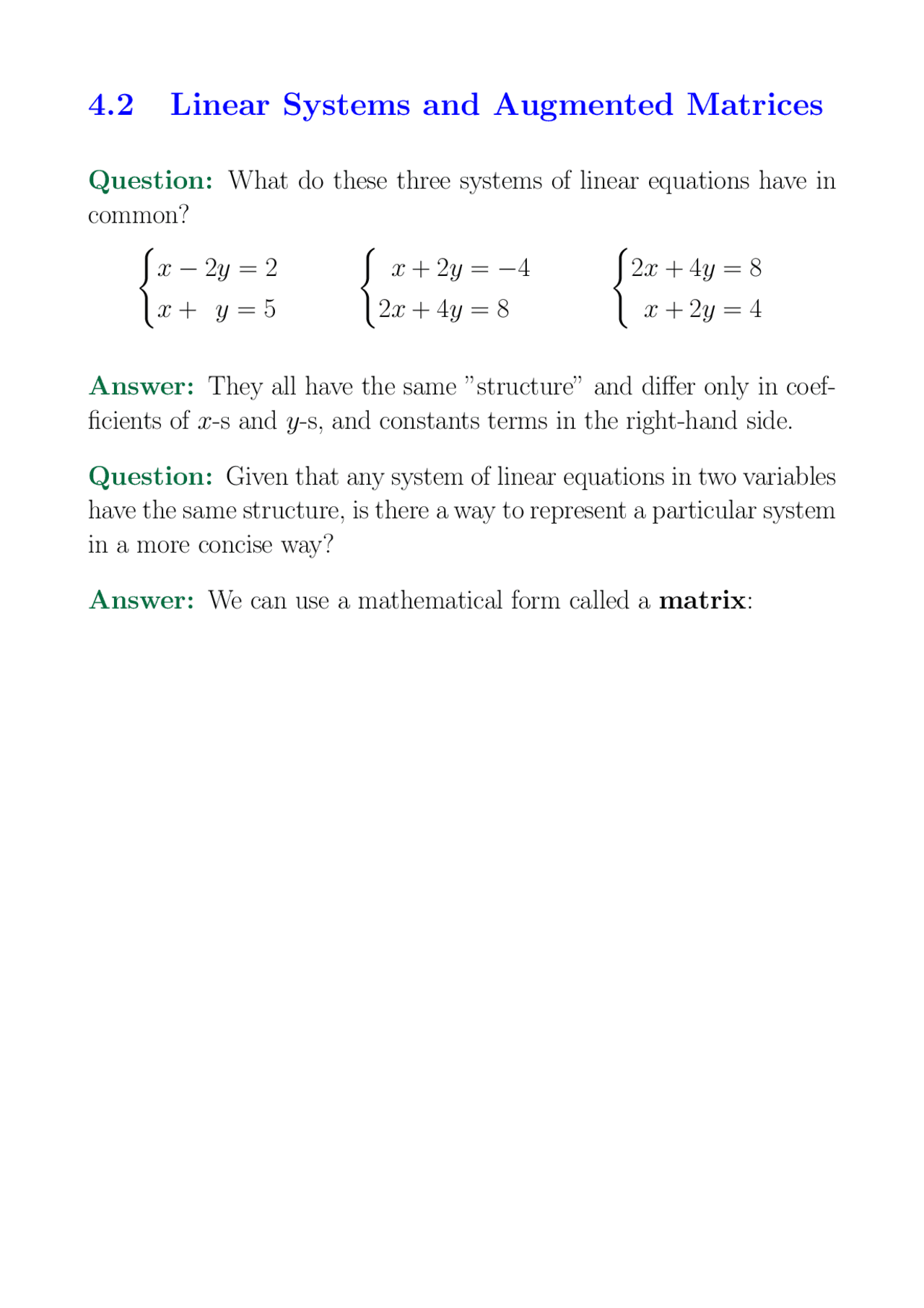 4.2 Linear Systems and Augmented Matrices | Study notes Linear Algebra ...