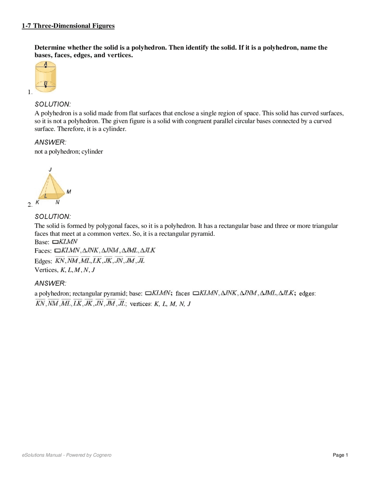 1-7 Three-Dimensional Figures | Exercises Reasoning | Docsity