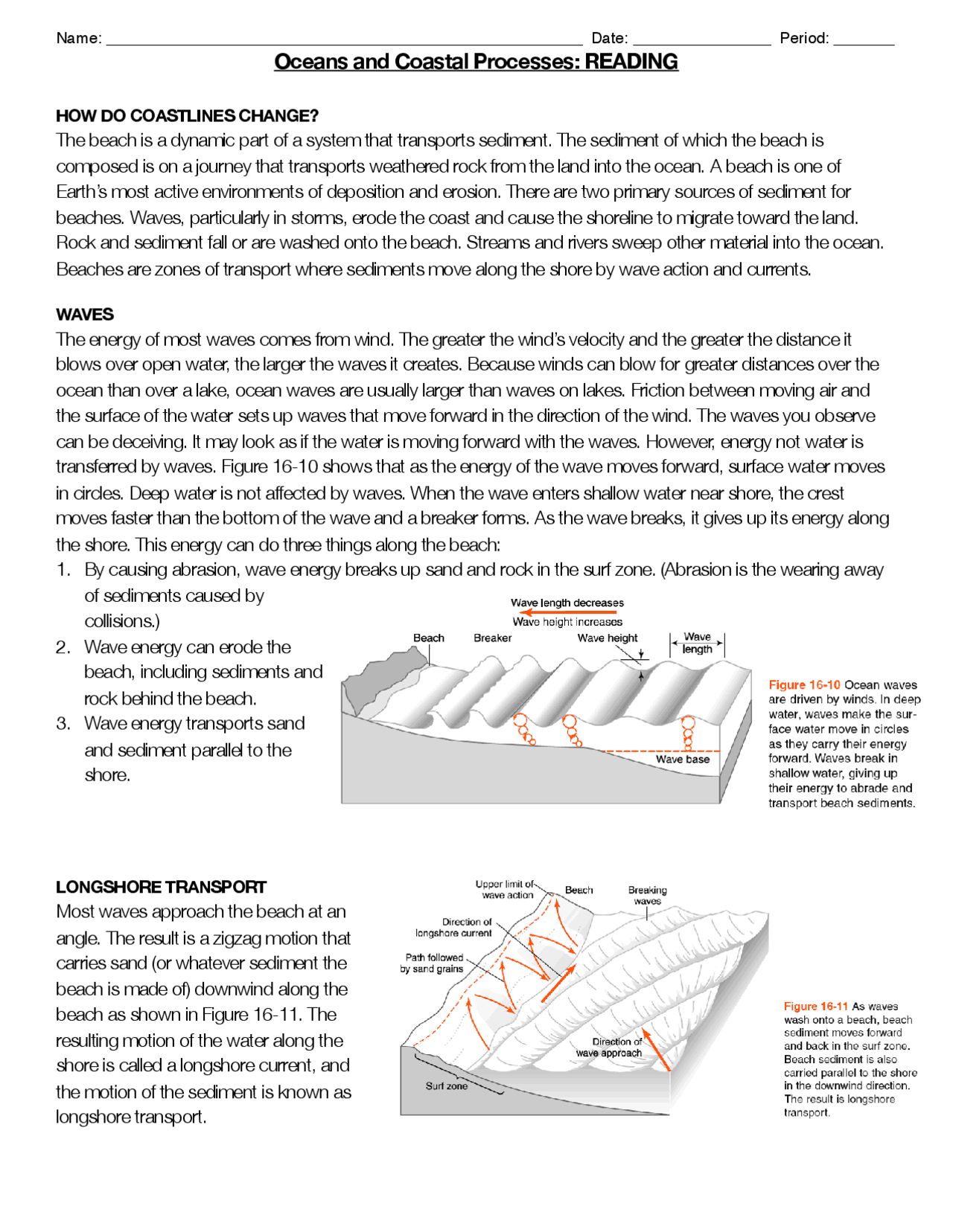 Oceans And Coastal Processes Reading Exams Earth Science Docsity