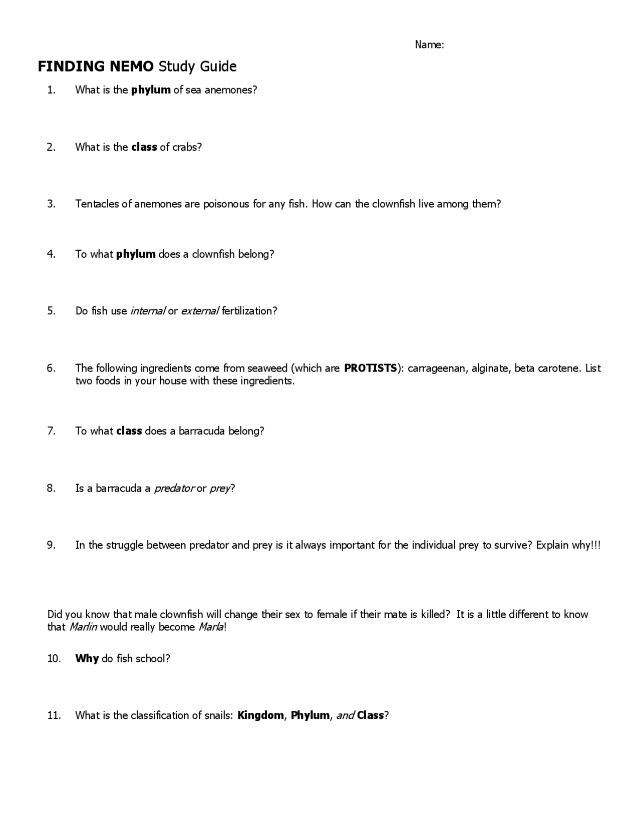 FINDING NEMO Study Guide | Study notes Animal Biology | Docsity