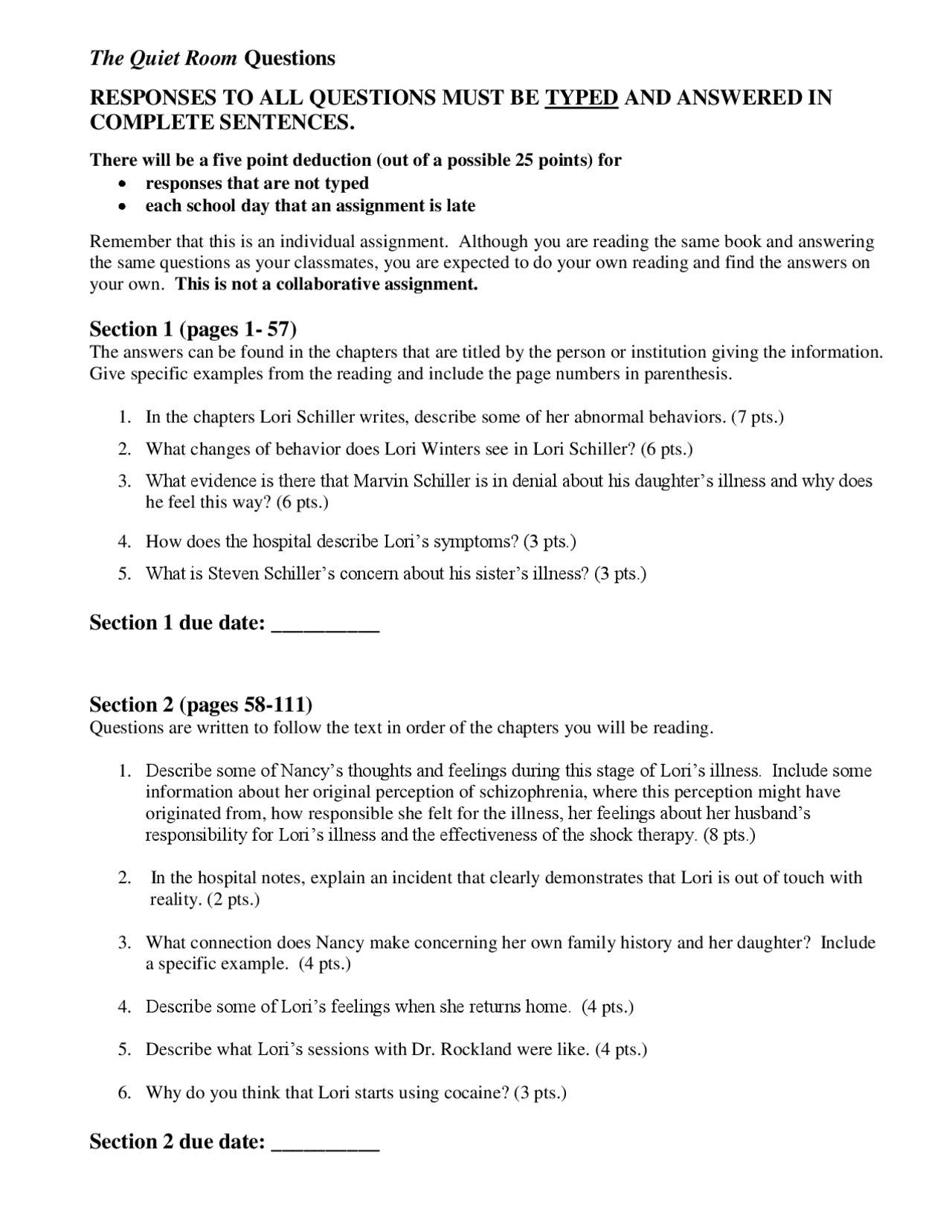 The Quiet Room Questions | Study notes History | Docsity