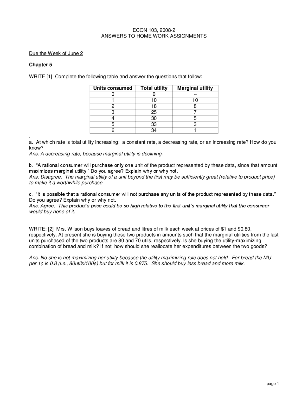 ECON 103: Homework Answers - Utility Maximization and Consumer Behavior ...