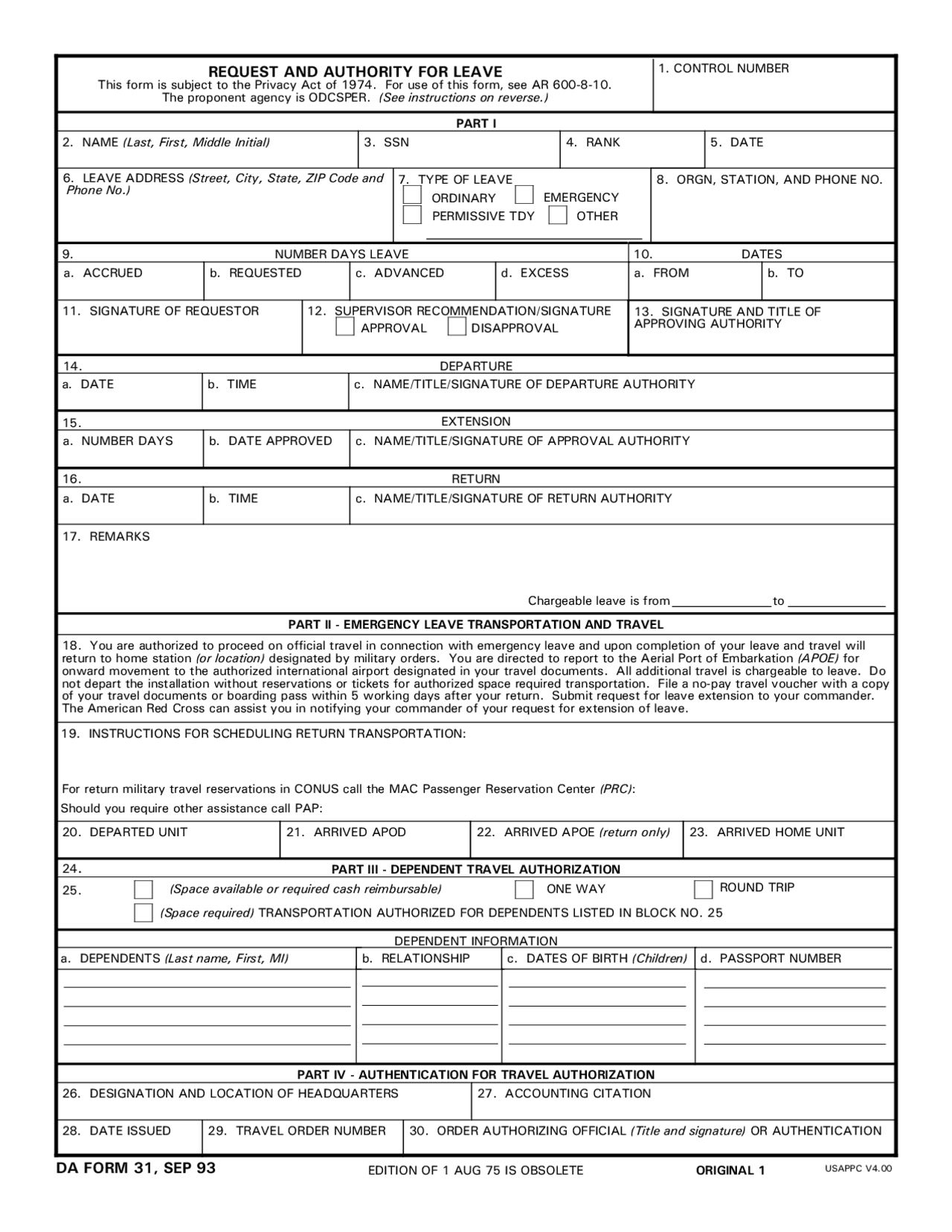 REQUEST AND AUTHORITY FOR LEAVE DA FORM 31, SEP ... | Slides Accounting ...