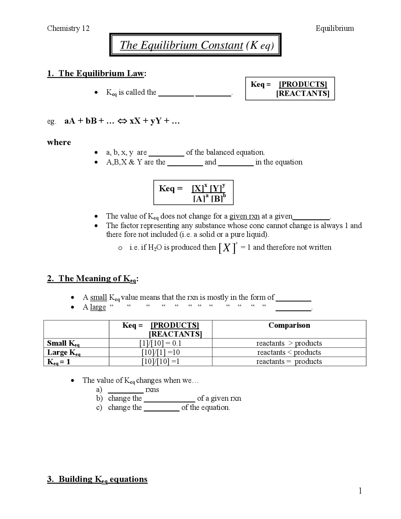 The Equilibrium Constant (K eq) | Lecture notes Chemistry | Docsity