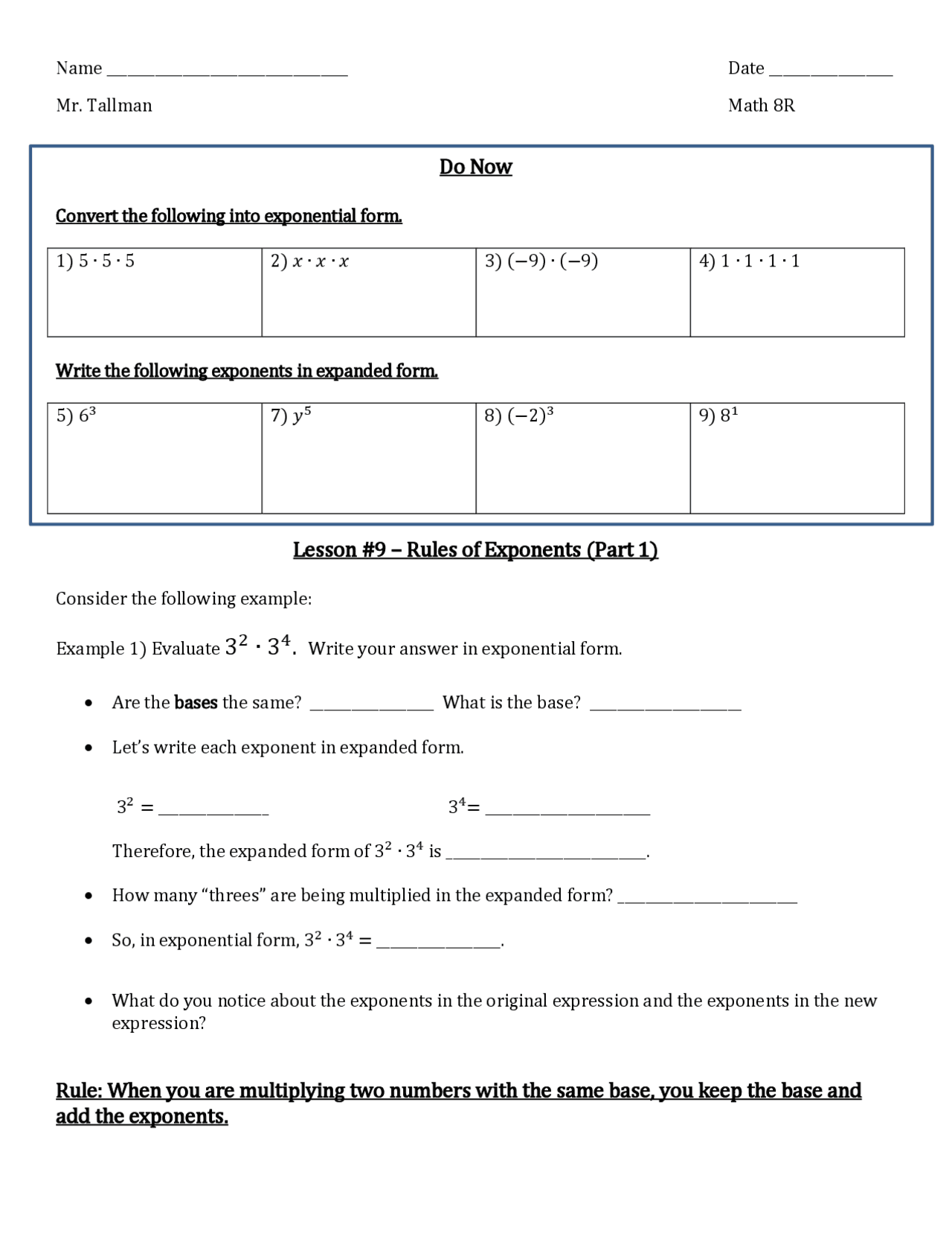 Do Now Lesson #9 – Rules of Exponents (Part 1) Rule | Study notes ...