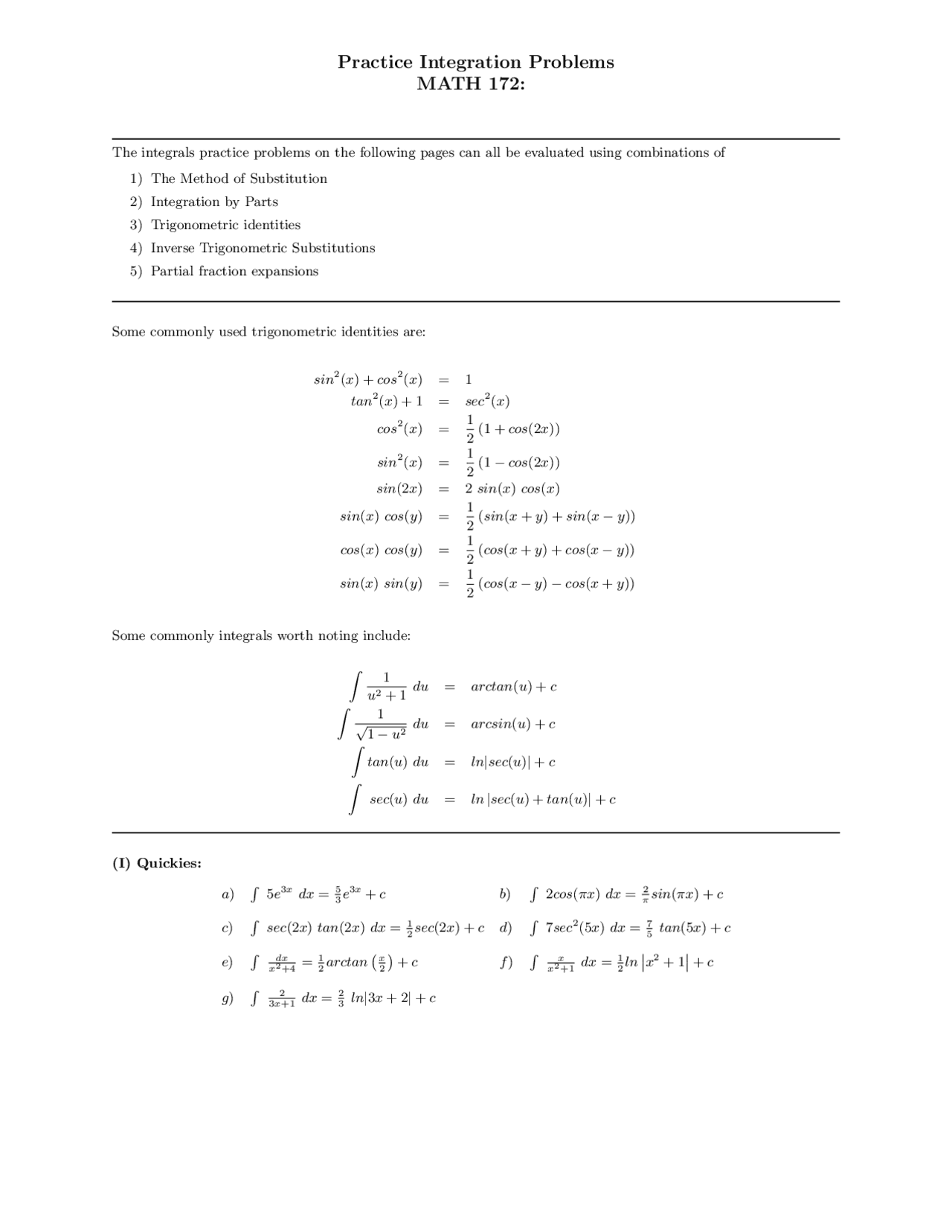 Practice Integration Problems MATH 172: | Slides Pre-Calculus | Docsity