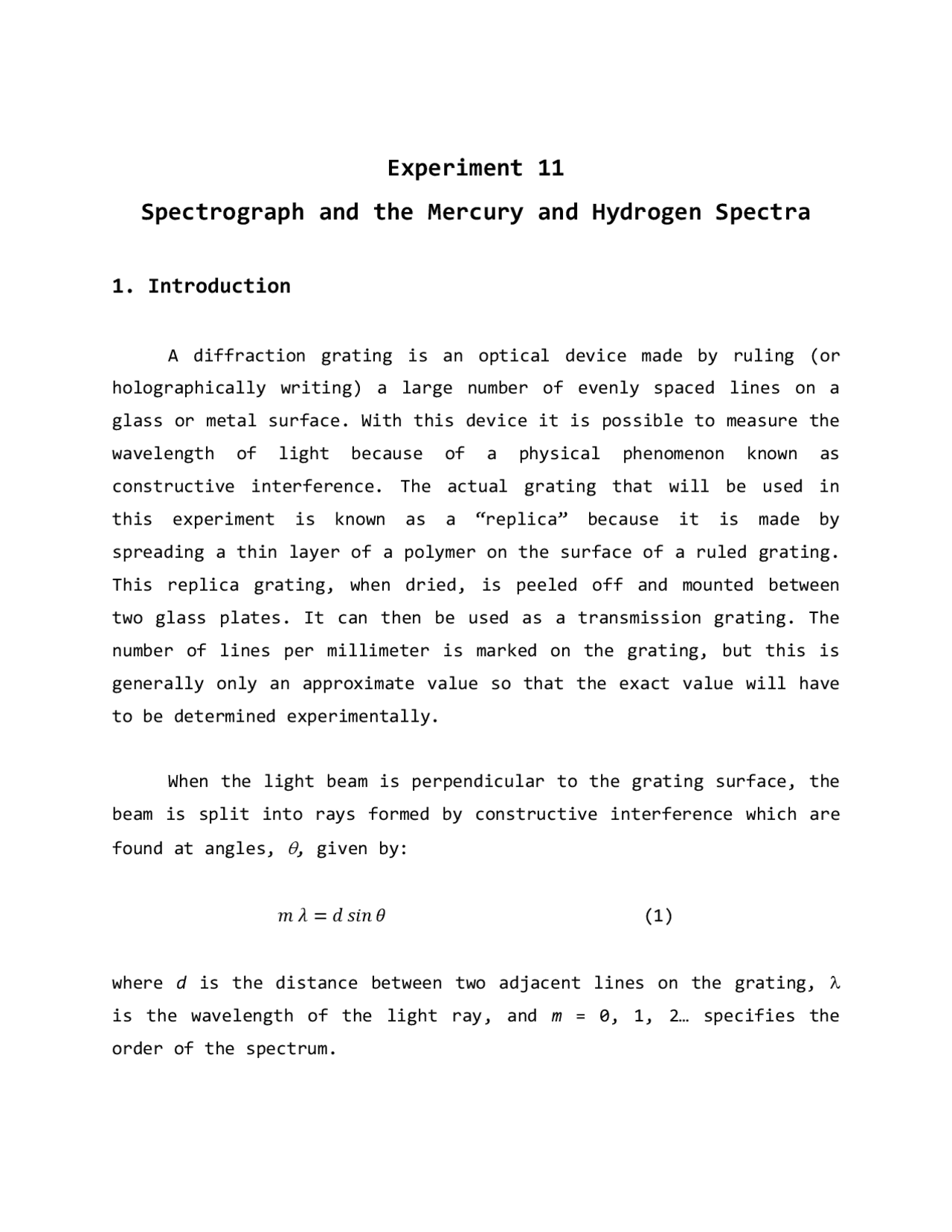 Experiment 11 Spectrograph And The Mercury And Hydrogen Exercises