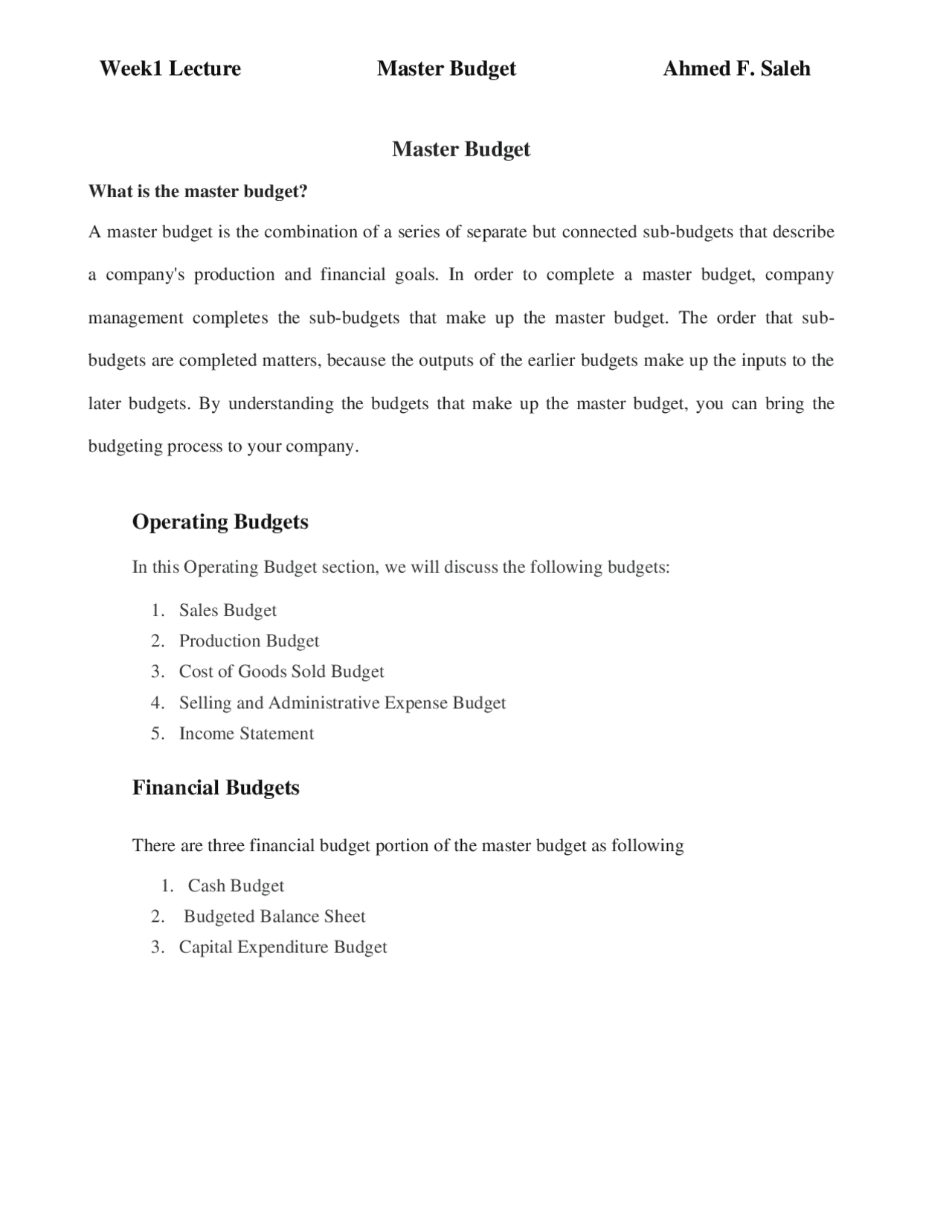 Week1 Lecture Master Budget Ahmed F. Saleh | Summaries Banking and Finance | Docsity