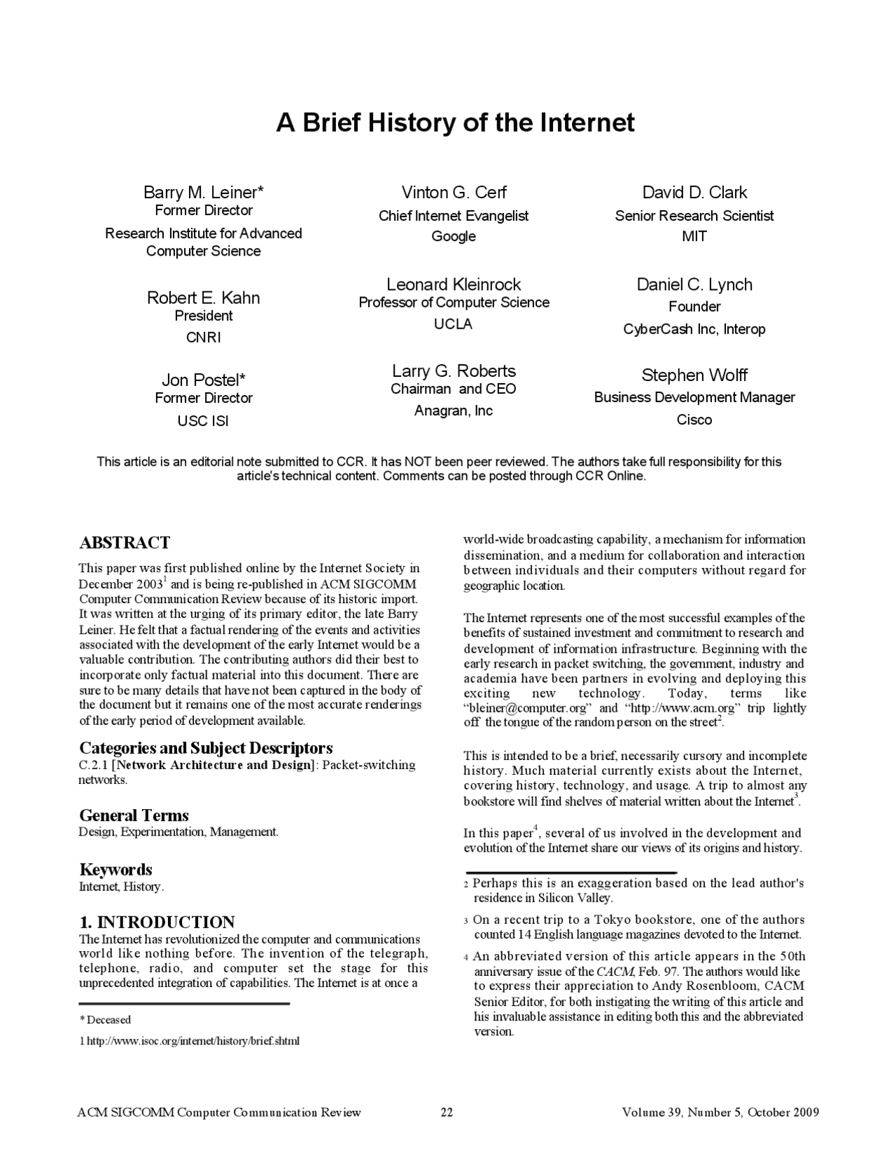 A brief history of the internet - p22-leiner | Exams History | Docsity