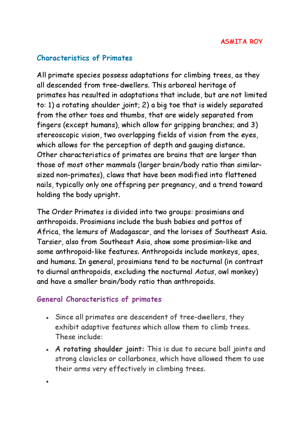 Characteristics of Primates | Slides Animal Biology | Docsity