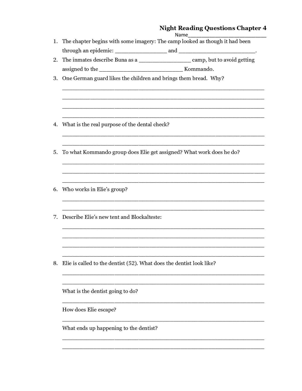 Night Reading Questions Chapter 4 | Exams German | Docsity